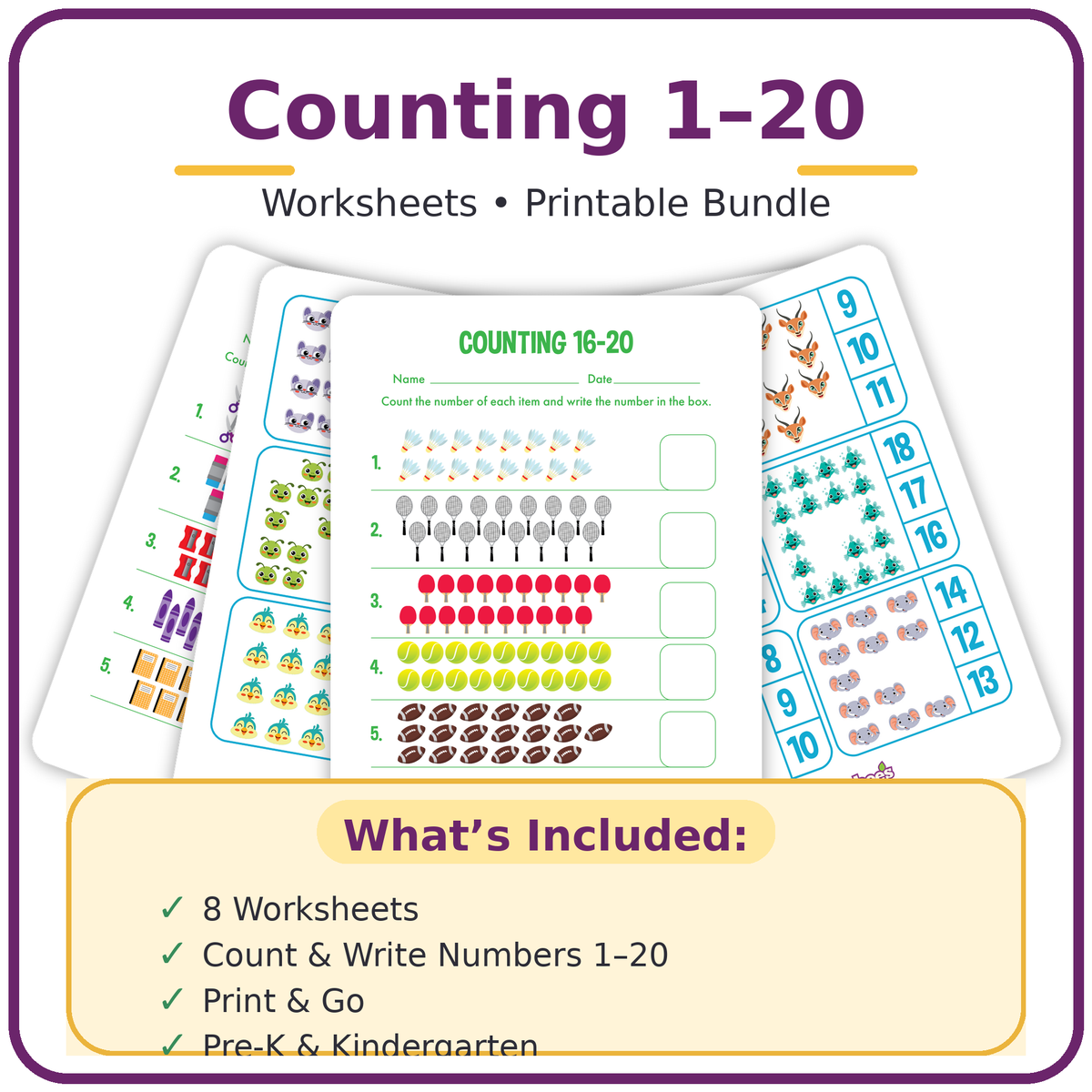Counting 1–20 Worksheets Printable Bundle (Preschool & Kindergarten Ma ...
